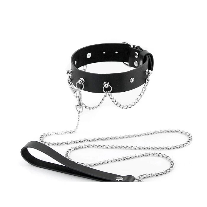 Ошейник ПодКожей bdsm, кожаный, с цепочками, регулирующийся, стразы, чёрный