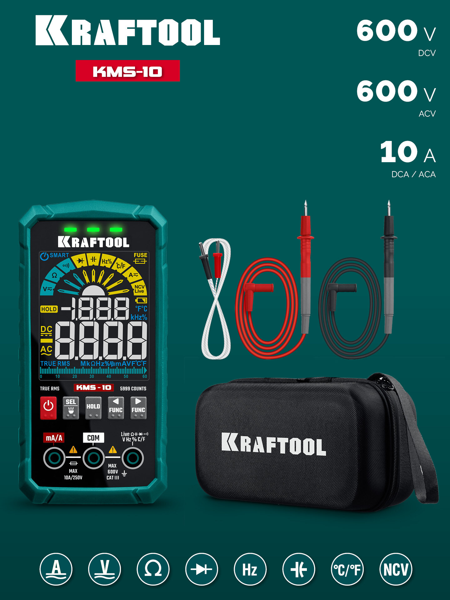 Смарт-мультиметр цифровой KRAFTOOL KMS-10 с дисплеем измерение температуры -40° +1000°C NCV защитный чехол 59872