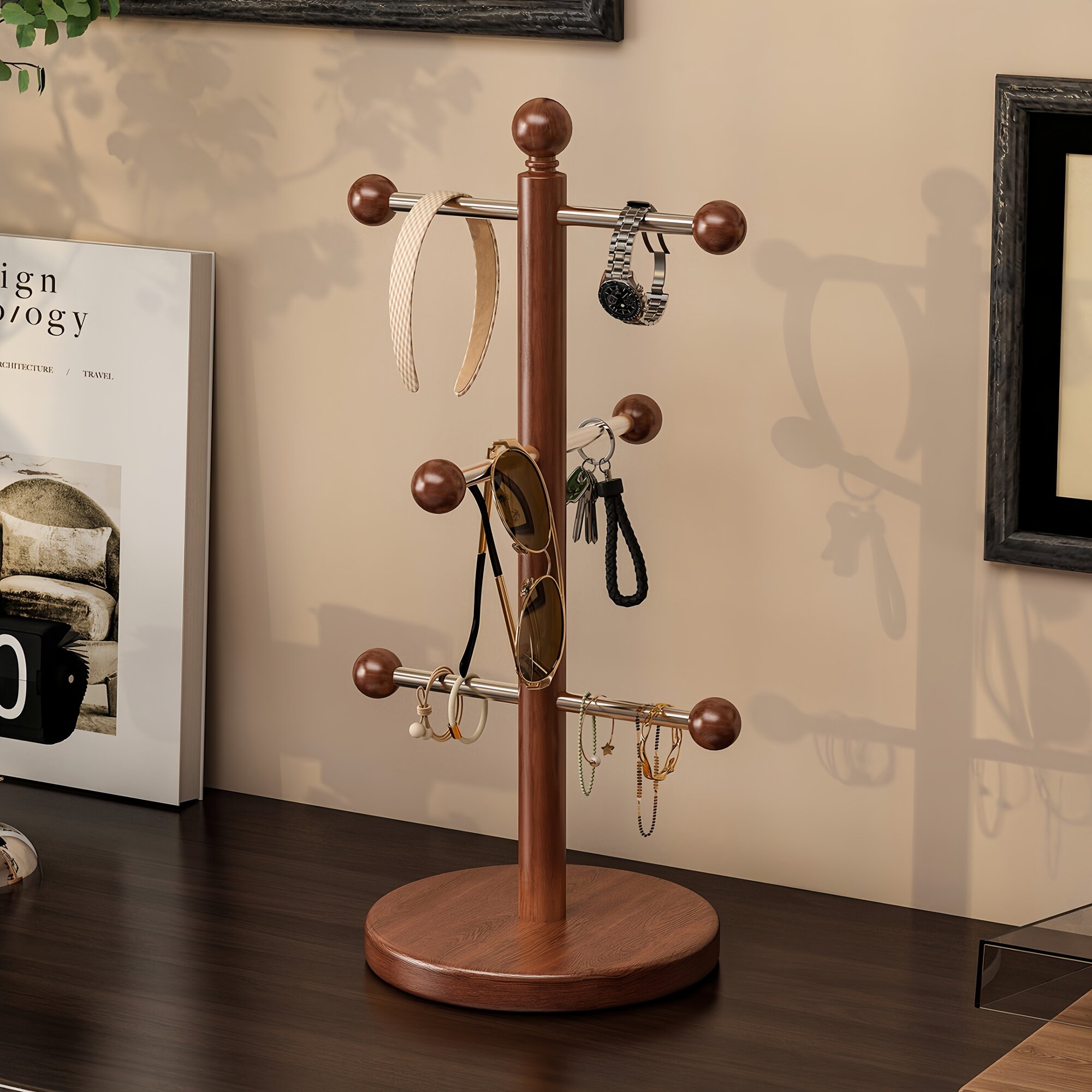 Полка, настольный стеллаж для хранения вещей, вертикальный стеллаж для ключей на столешнице, коричневый,1 кусок