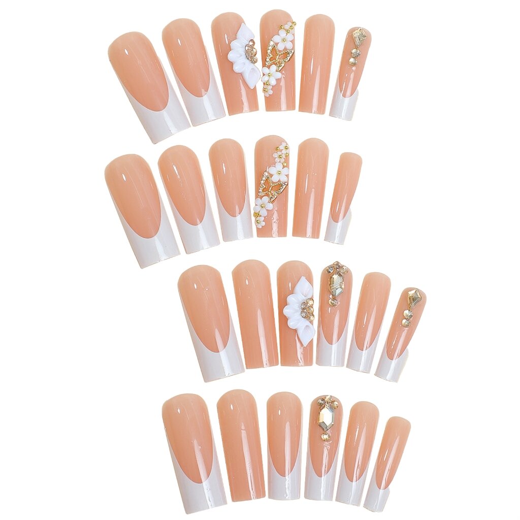 Модный Длинный Квадратный Френч-пресс На Ногтях Со Стразами и Цветком 24шт