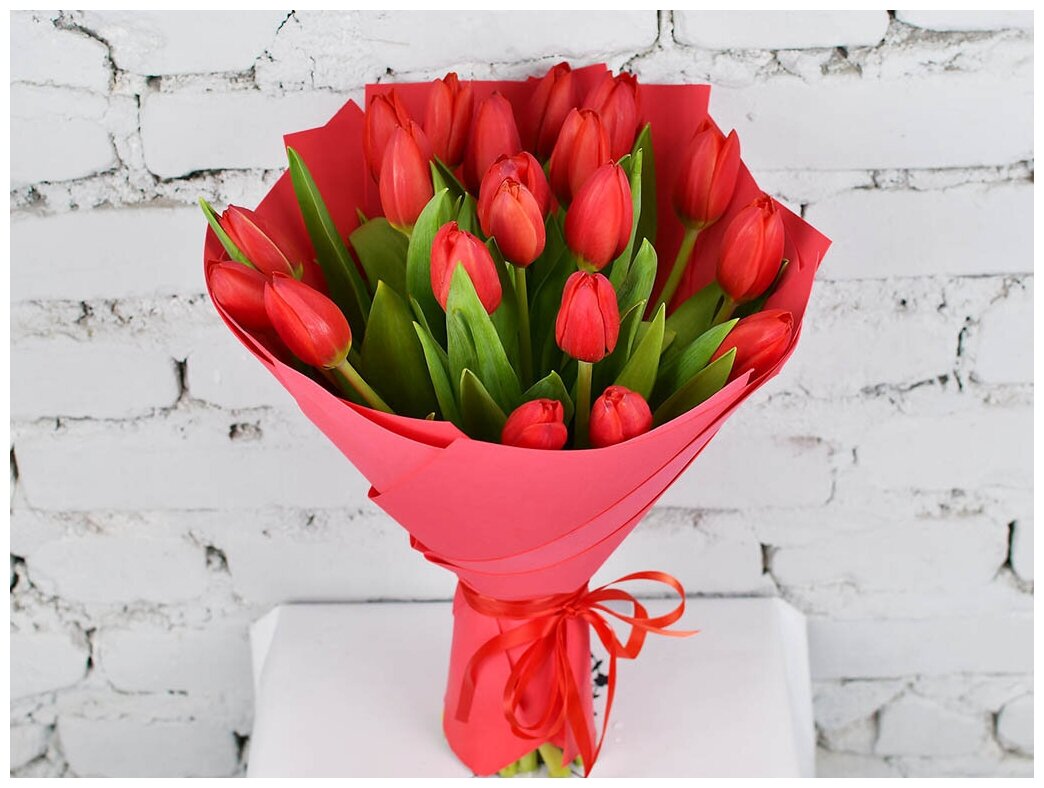 Букет 21 красный тюльпан в упаковке