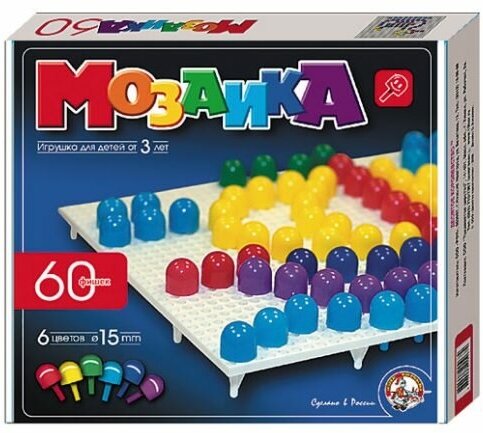 Детская мозаика диаметр 15 мм, 6 цветов, 60 шт Десятое Королевство 00963ДК