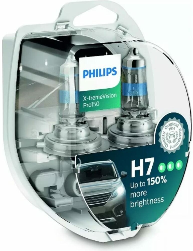 Автолампа PHILIPS H7 галогенная X‑tremeVision Pro150, цоколь PX26d, бытовой класс, универсальное освещение, 12‑вольтный