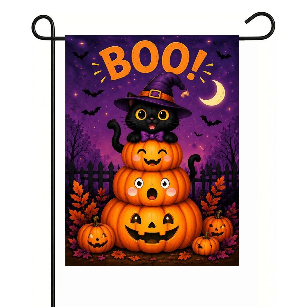 Садовый флаг "Happy Halloween", с привидением и котом, 30x45 см