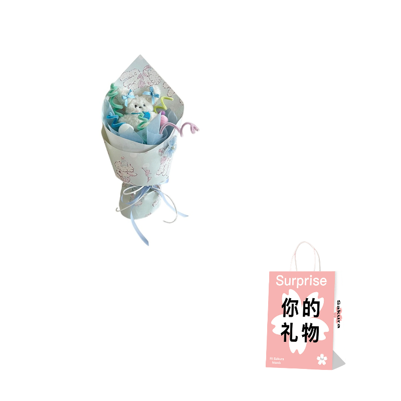Плюшевая игрушка унисекс JIUFEN "Заяц в букете" Blue Bunny Bouquet-Finished Product, 35 см