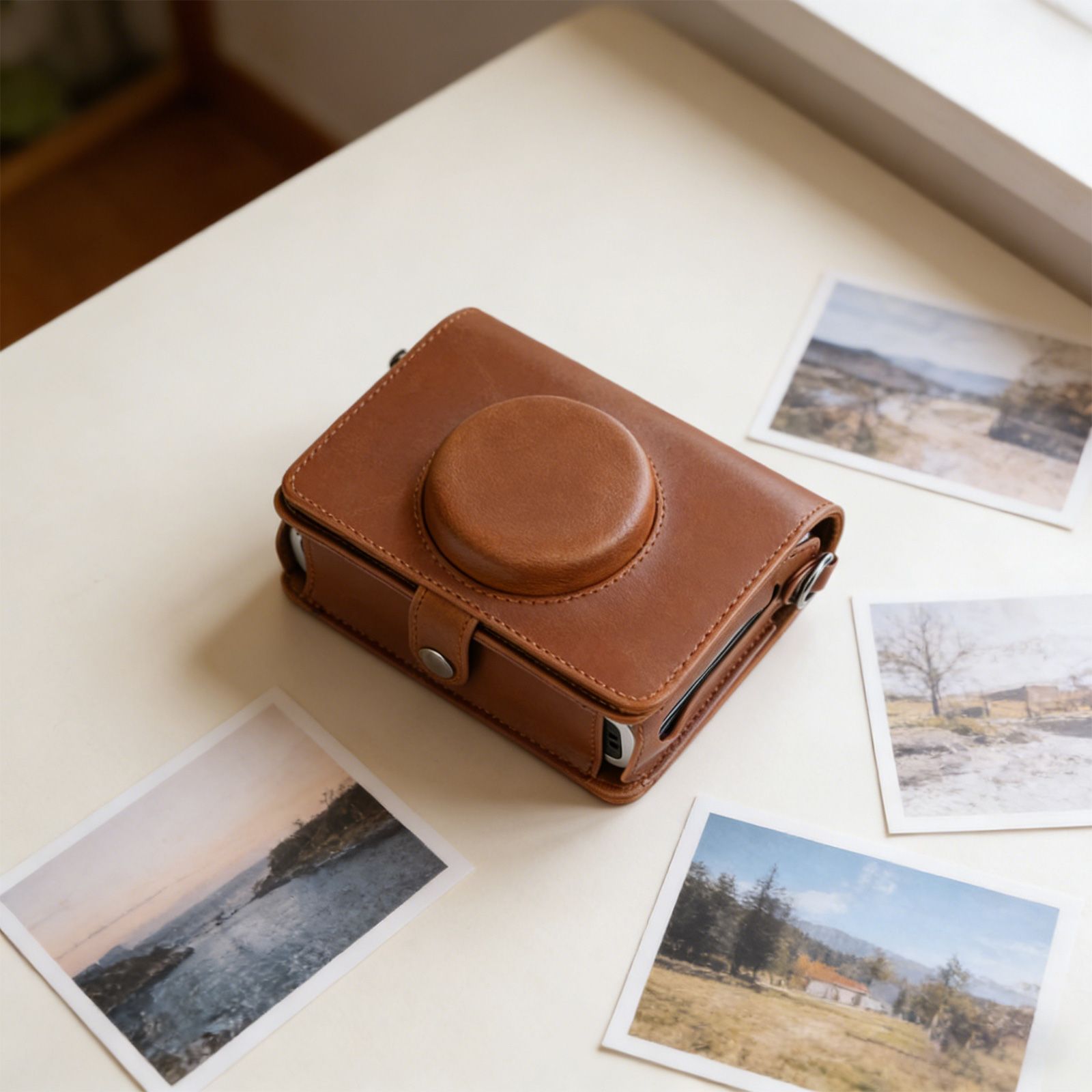 Чехол для Fujifilm Instax Mini Evo из искусственной кожи, коричневый, с отстёгивающимся ремешком