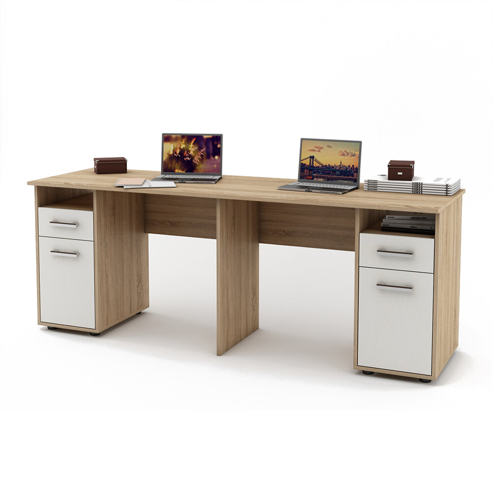 Стол письменный, стол компьютерный для двоих Остин (Ливерпуль) 17 дуб сонома/белое дерево