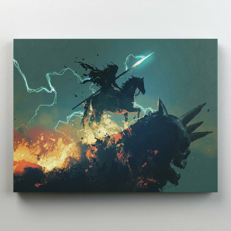 Интерьерная картина на холсте "Всадник с копьем на черепе" размер 30x22 см