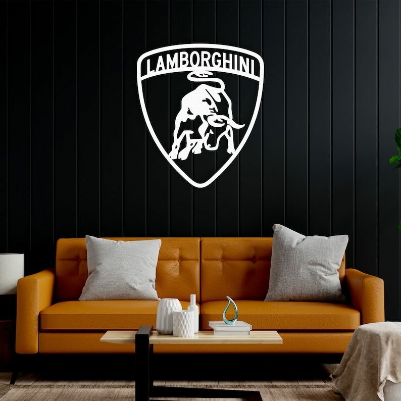 Декоративное металлическое панно, Логотип Lamborghini (белый цвет)