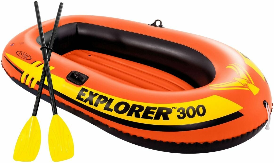 Надувная резиновая гребная лодка Explorer 300 трехместная, с надувным дном, для рыбалки, в комплекте два вёсла 122 см и насос, размер 211 х 117 х 41 см, от 6 лет, до 186 кг, 58332NP INTEX