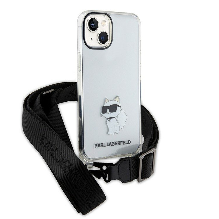 Karl Lagerfeld чехол кроссбоди пластиковый с ремешком для iPhone 15, NFT Choupette прозрачный