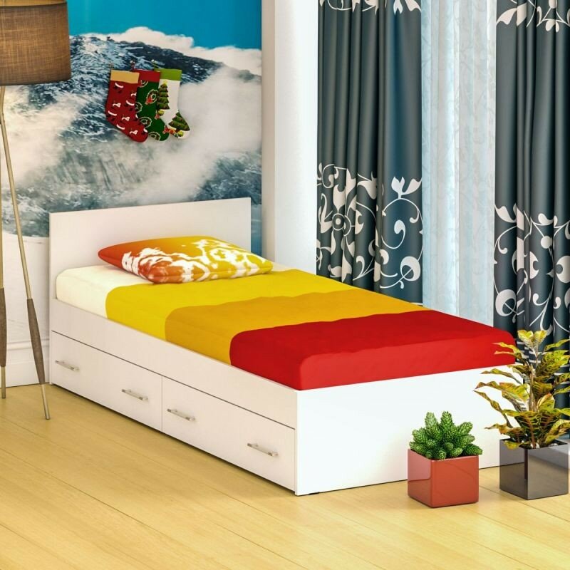 Кровать с ящиками СВК "Мори", 90x200, цвет белый, два ящика, с основанием, без матраса