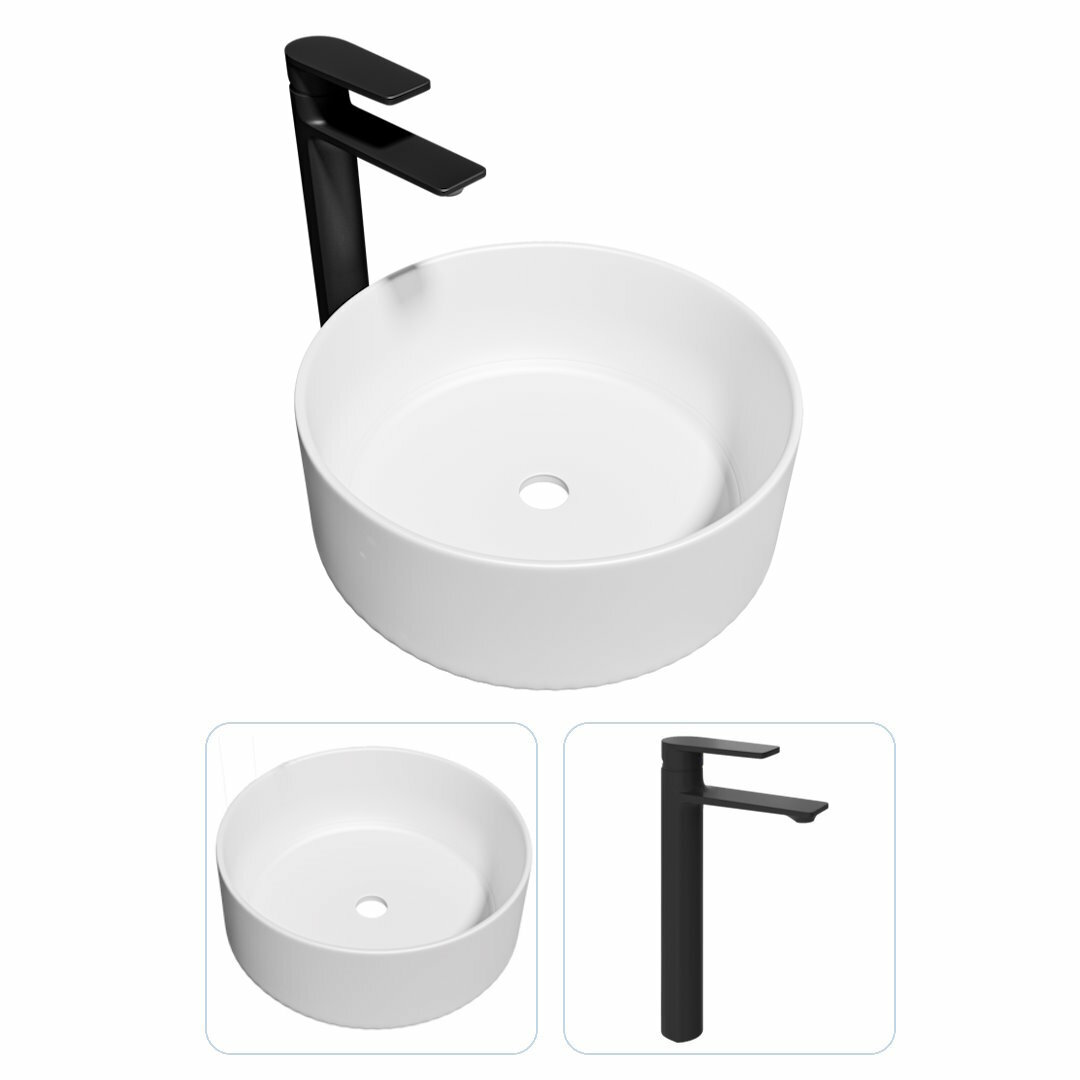 Раковина накладная для ванной Teymi Lina D41 в комплекте смеситель высокий черный матовый F07307