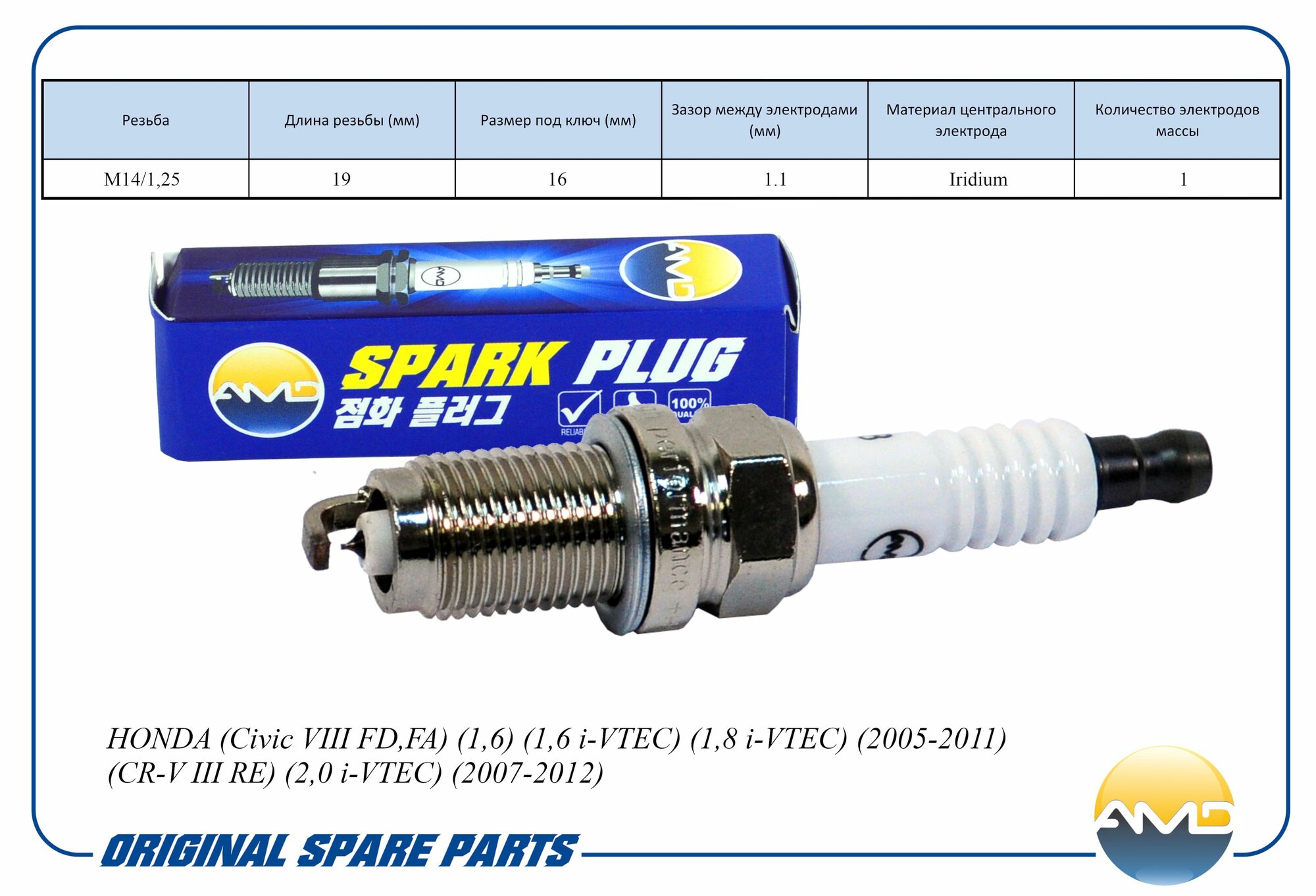 Свеча зажигания 9807B-561-BW/IZFR6K11S/AMD. PL98 Iridium для HONDA Civic VIII CR-V III