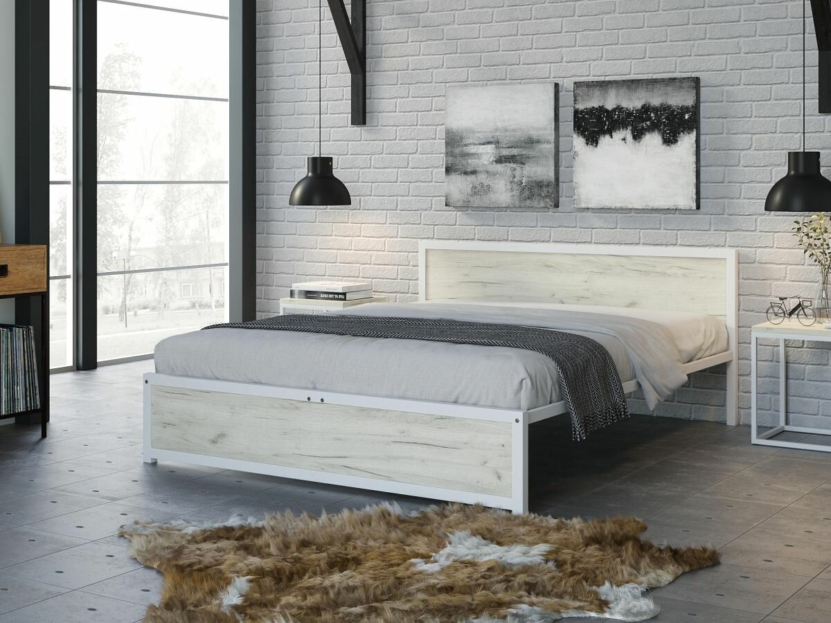 Кровать двуспальная Титан Лофт 160х200 белый/дуб крафт белый без ящиков