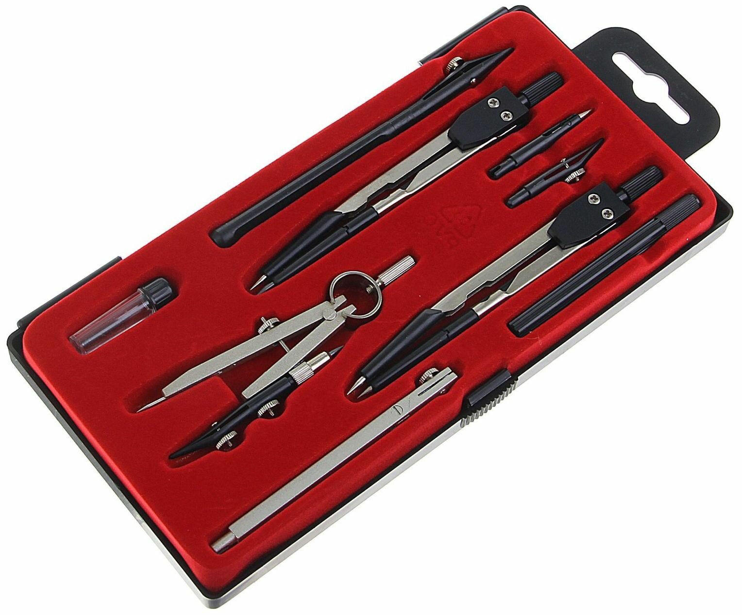 Готовальня для черчения из 9 предметов (3 циркуля, 2 рейсфедера, 3 удлинителя, грифель, центрик), чертежный набор в пластиковом пенале