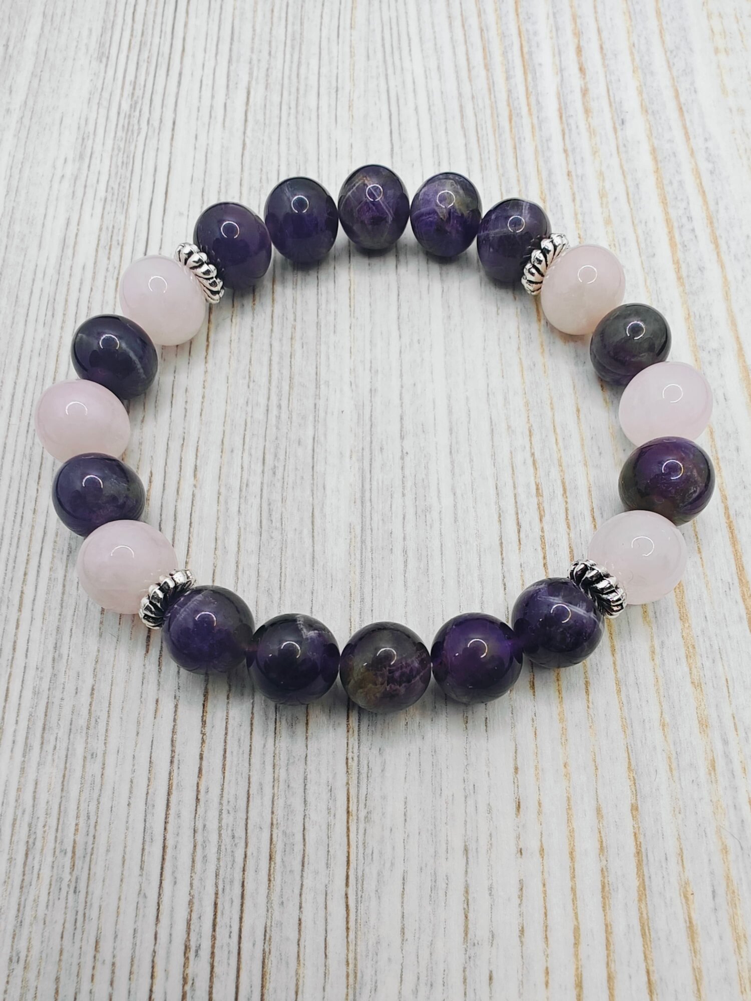 Теннисный браслет, аметист, кварц розовый