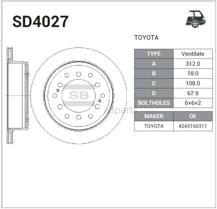 SANGSIN BRAKE SD4027 Диск тормозной (Сзади) Toyota Land Cruiser Prado (J120, J150) 02-20 / Lexus GX 09-19 / Toyota 4Runner