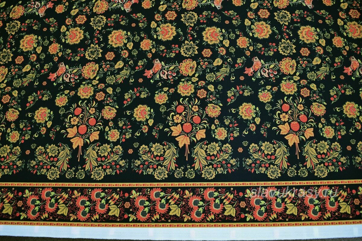 Габардин Хохлома на чёрном, 1 метр, 186 г/м2, ширина 150 см