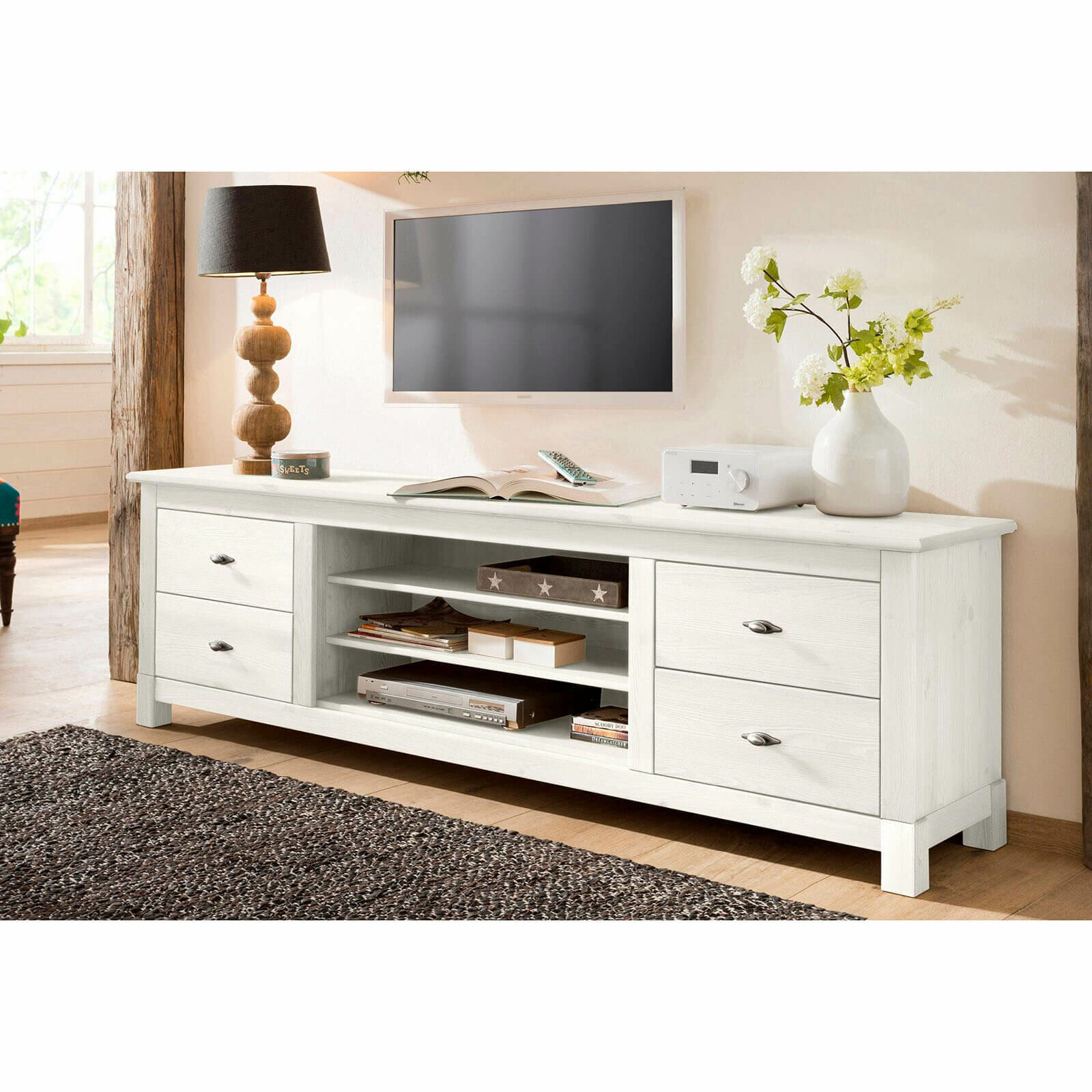 Тумба ТВ ММЦ Гостиная Рауна 200 (белый воск УКВ) из массива сосны