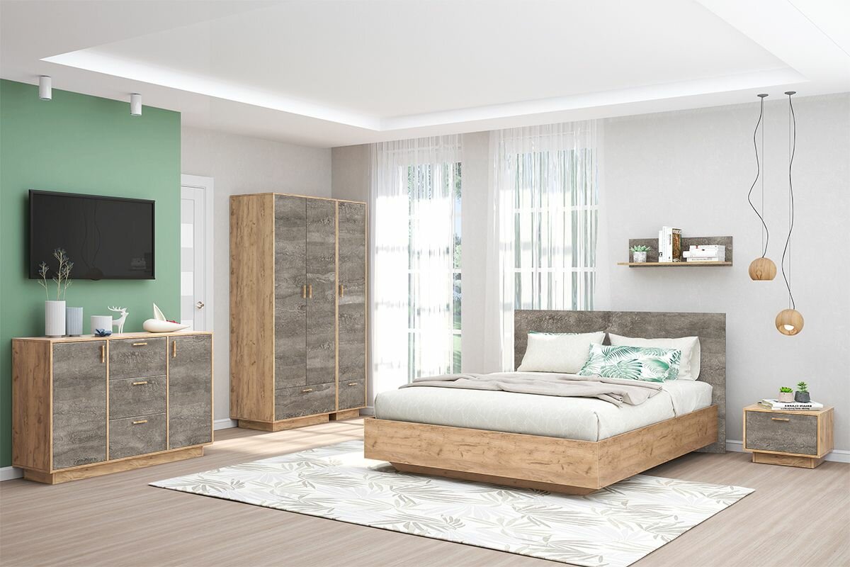 Комплект мебели для спальни "Эго" МС (ПД) (композиция №7) Дуб Крафт Золотой/Камень Темный