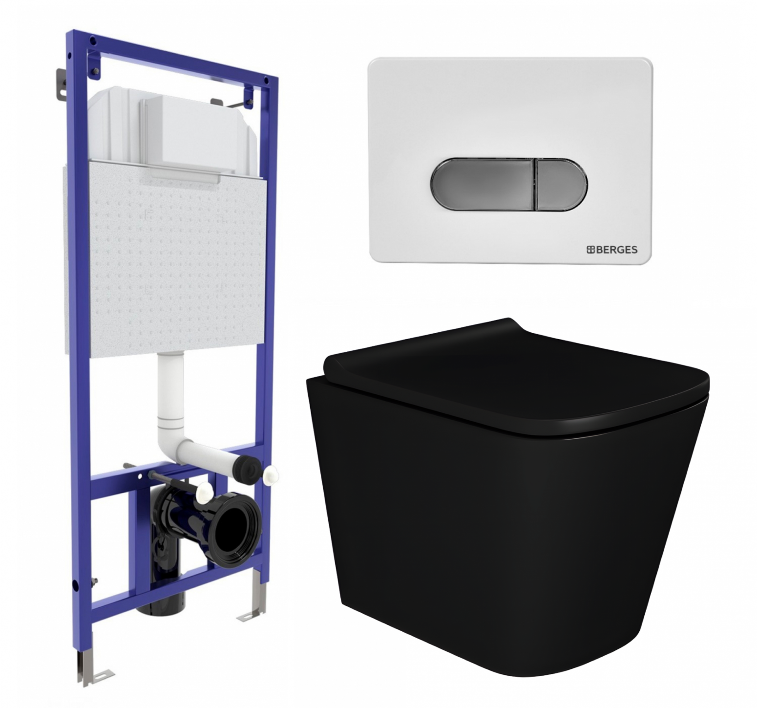 Комплект 3 в 1 инсталляция Berges Wasserhaus Novum D7 + Унитаз подвесной Enio Binario BL черный EN4180225 + кнопка хром