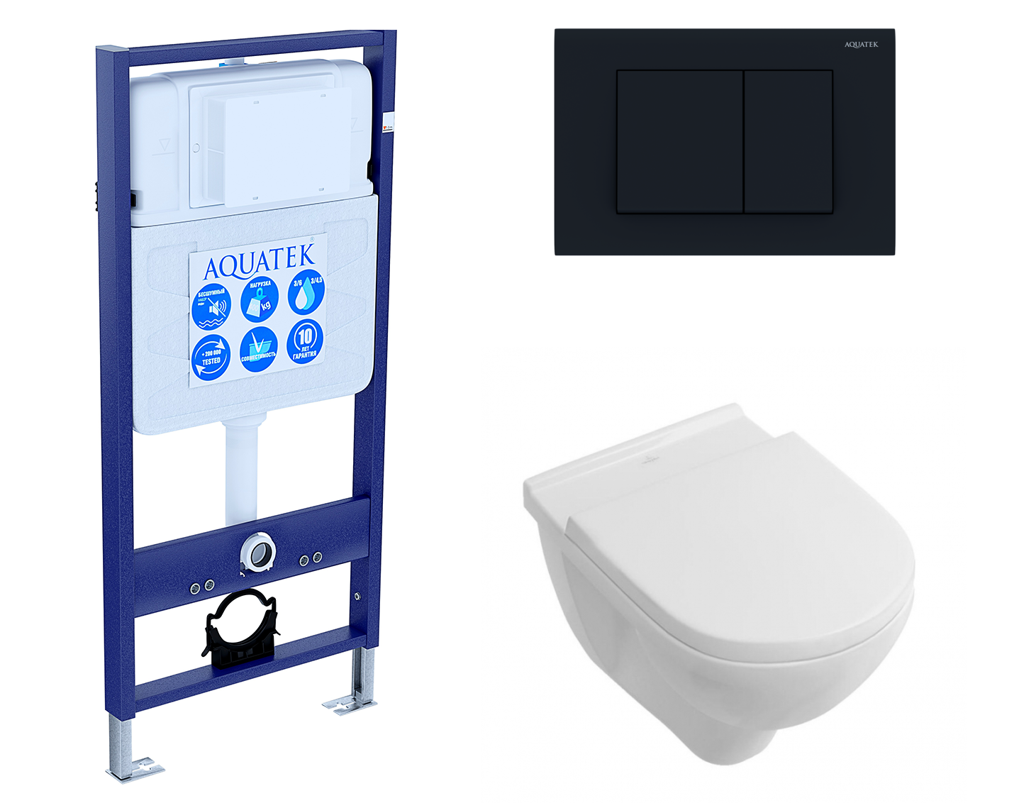 Комплект 3 в 1 инсталляция Акватек Standart 50 + Унитаз подвесной Villeroy & Boch O Novo Directflush с кнопкой черной INS-0000012 + 5660HR01 + KDI-0000012