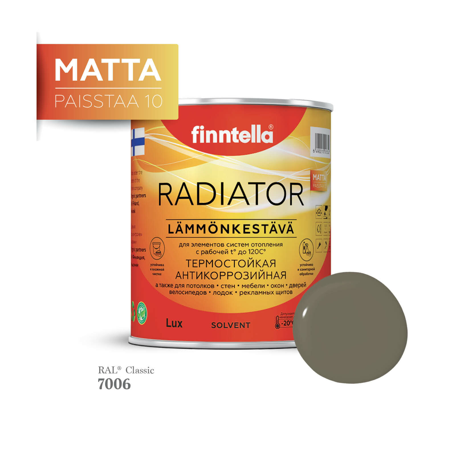 Краска для радиаторов быстросохнущая финская эмаль FINNTELLA RADIATOR Matta. Матовая. Цвет RAL7006 , 0,9л