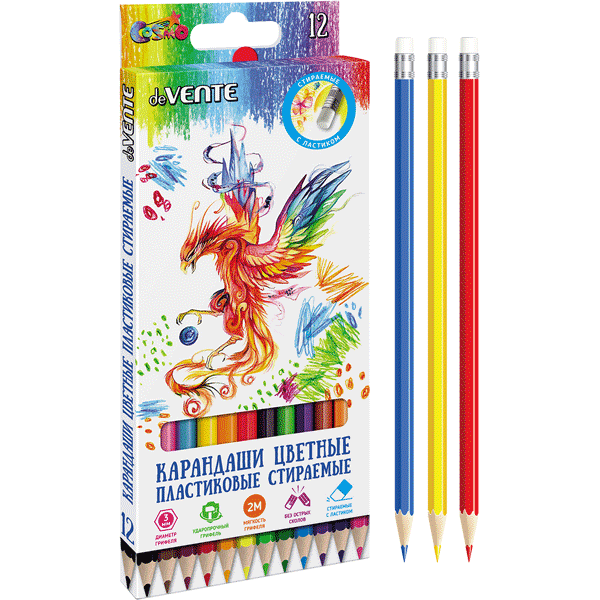 Карандаши цветные deVENTE 12 шт, Rewrite 3 мм, 2М, пластиковые, стираемые, с ластиком