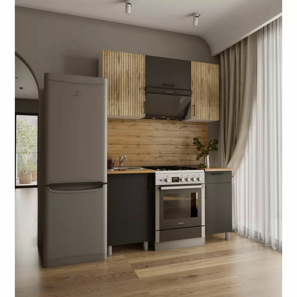 Кухня Кантри без столешницы 1.5 м Дуб канадский/Карбон вулкан с окапом 1500х430х2170 тэкс