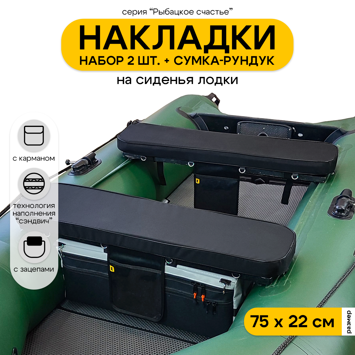 Мягкие накладки на сиденья для лодки ПВХ Рыбацкое счастье с сумкой-рундуком черные