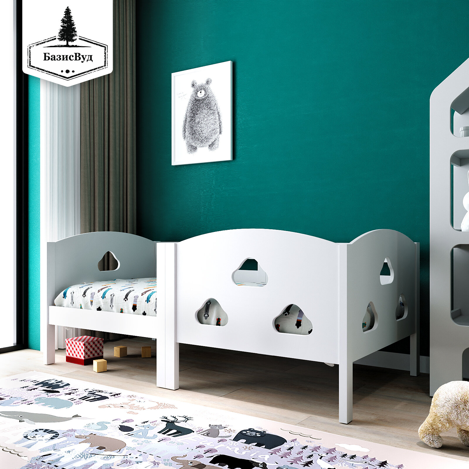 Кровать детская с бортиком 160х80, БазисВуд, "Мими Облачка" , ножки белые