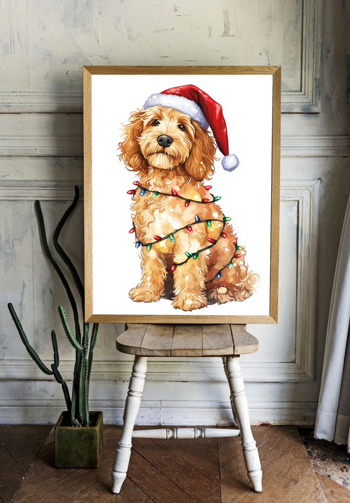 Постер "Праздничная собака в шапке" 50x70 в раме