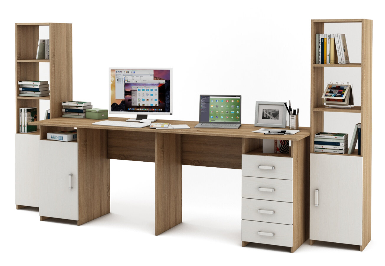 Стол письменный, компьютерный для школьника Лайт (Ньюкасл) 13 для двоих дуб сонома/белое дерево