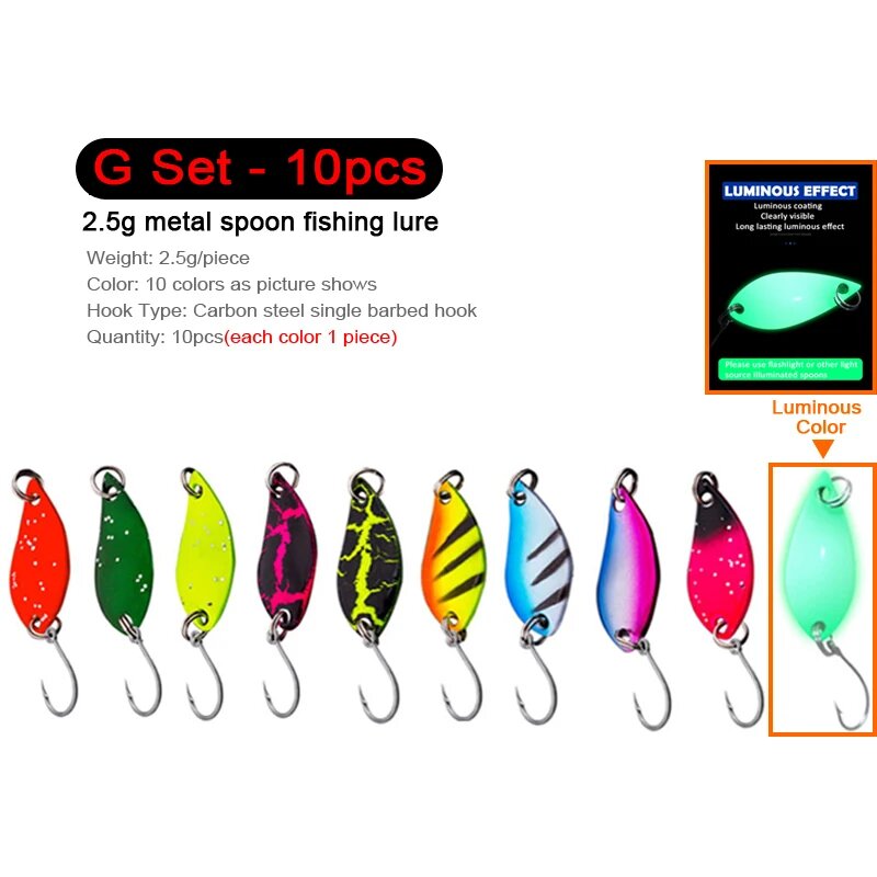 5/6/7/9/10 шт. 2,5 г 3 г 3,2 г 5 г 7 г Ложка с блестками Приманка для рыбалки Металлическая приманка Одинарный крючок Спиннер Жесткая приманка Форель Окунь Щука Зима