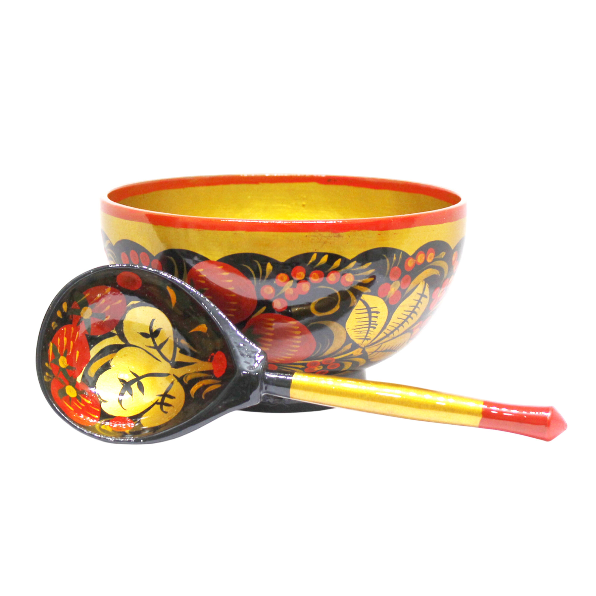 Деревянный салатник с ложкой, "Ягодки", хохлома, (Ручная роспись)