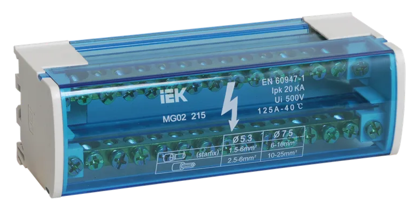 Шина IEK / ИЭК ШНК 2х15 L+PEN, нулевая на DIN-рейку в корпусе (кросс-модуль), латунь, 45х132х51мм, 125А, YND10-2-15-125 / соединитель проводов