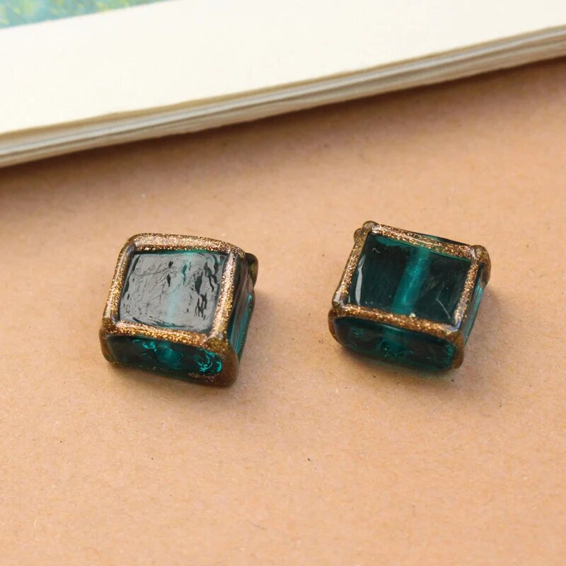 Стеклянные бусины квадратные изумрудные, Teal blue, 12 мм