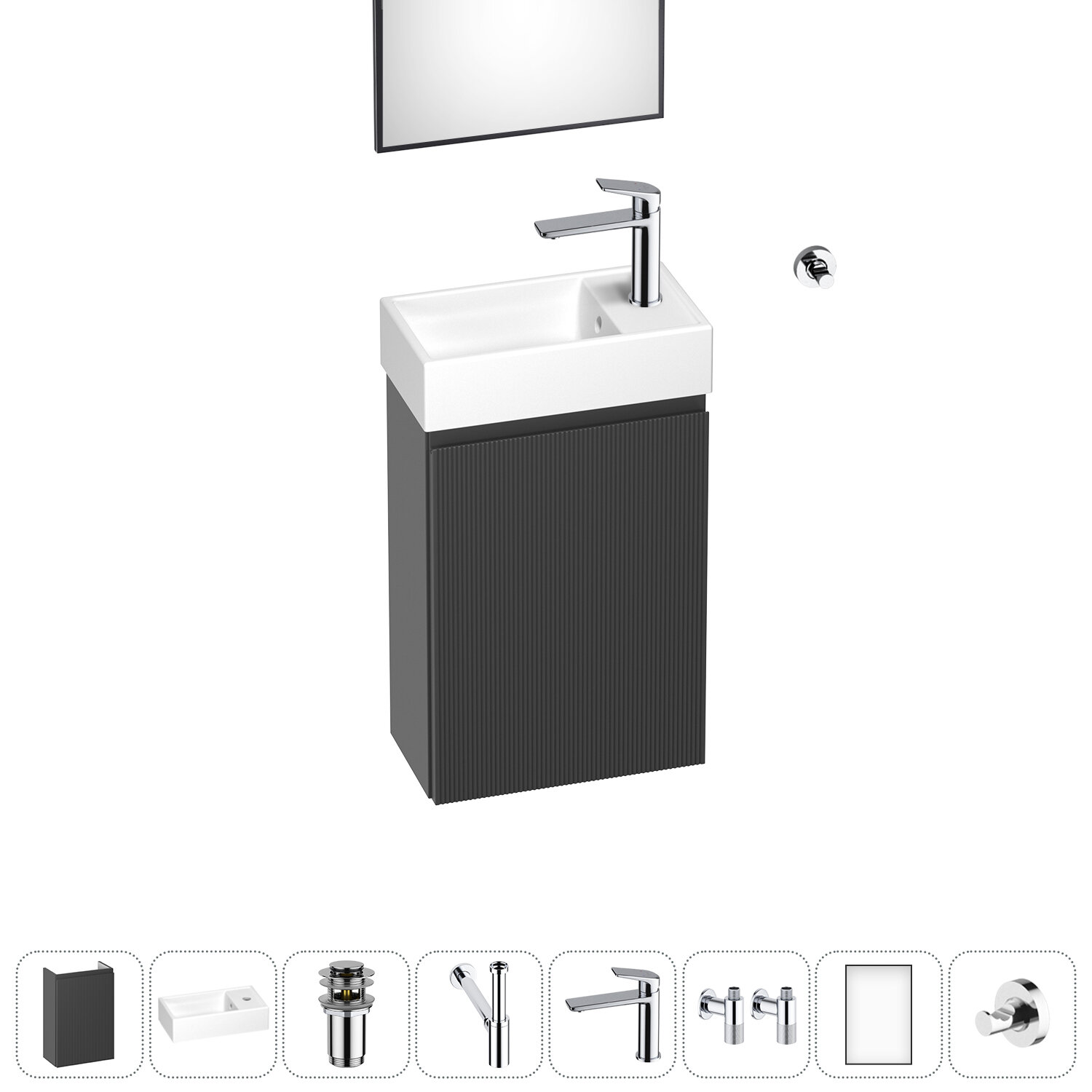 Влагостойкая тумба с раковиной в ванную комнату или туалет Wellsee WC Area 20216922R в наборе 8 в 1: тумба 40 см (матовый темно-серый), маленькая раковина, донный клапан, сифон, смеситель, вентили 2 шт, зеркало, крючок (цвет набора хром)