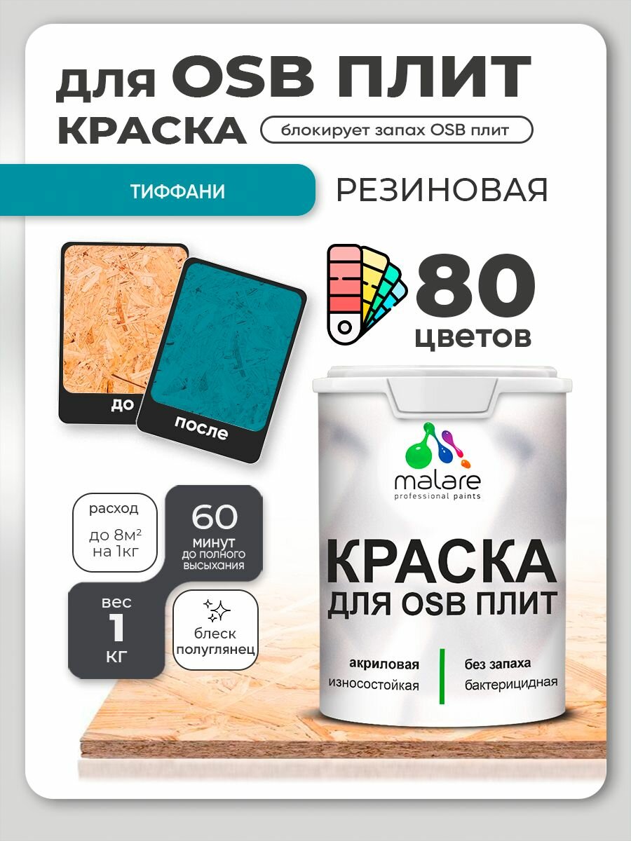 Резиновая краска для ОСБ плит Malare акриловая краска для дерева для наружных и внутренних работ, быстросохнущая без запаха полуглянцевая, тиффани, 1 кг