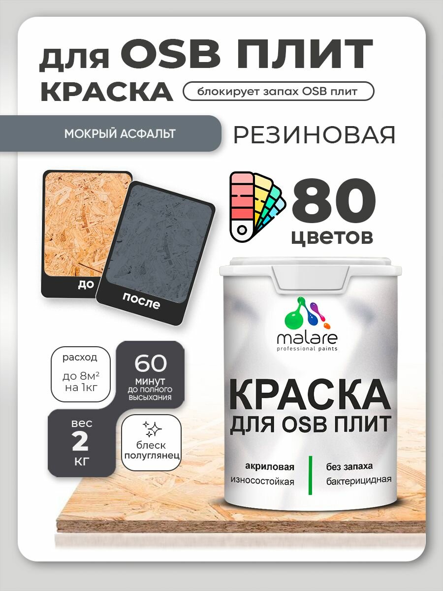 Резиновая краска для ОСБ плит Malare акриловая краска для дерева для наружных и внутренних работ, быстросохнущая без запаха полуглянцевая, мокрый асфальт, 2 кг