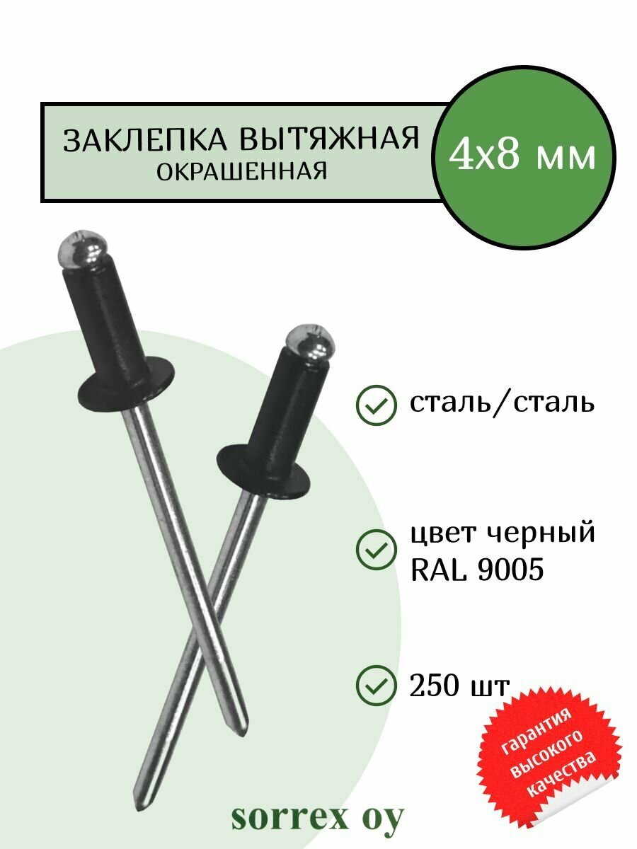 Заклепка вытяжная цветная 4х8 сталь/сталь крашеная RAL 9005 для профнастила и забора Sorrex OY (250штук)
