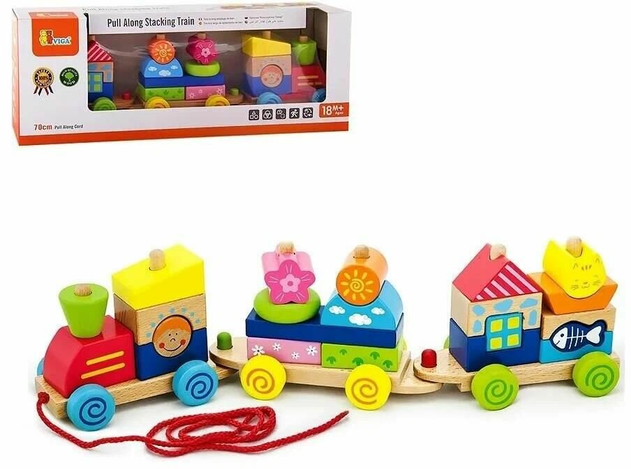 Конструктор-каталка VIGA "Поезд", на веревке, в коробке
