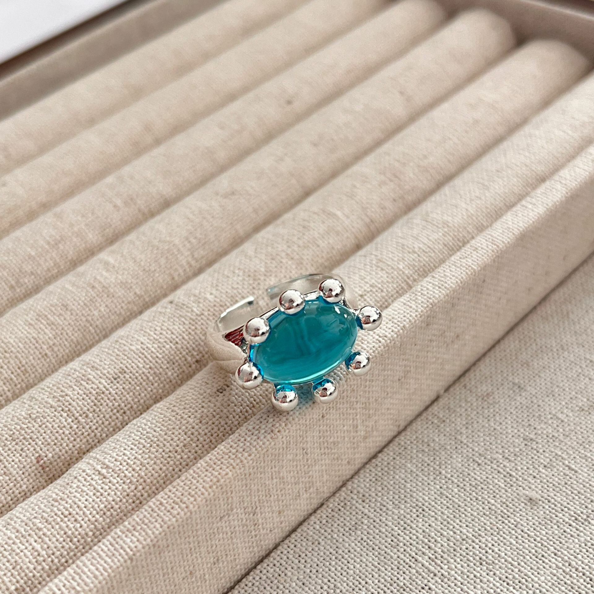 Кольцо "Голубое озеро", с крабом, женское, цветное стекло, регулируемое