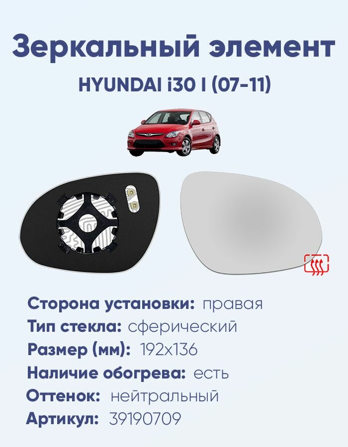 Зеркальный элемент правый HYUNDAI i30 I (07-11) сфера нейтральный с обогревом