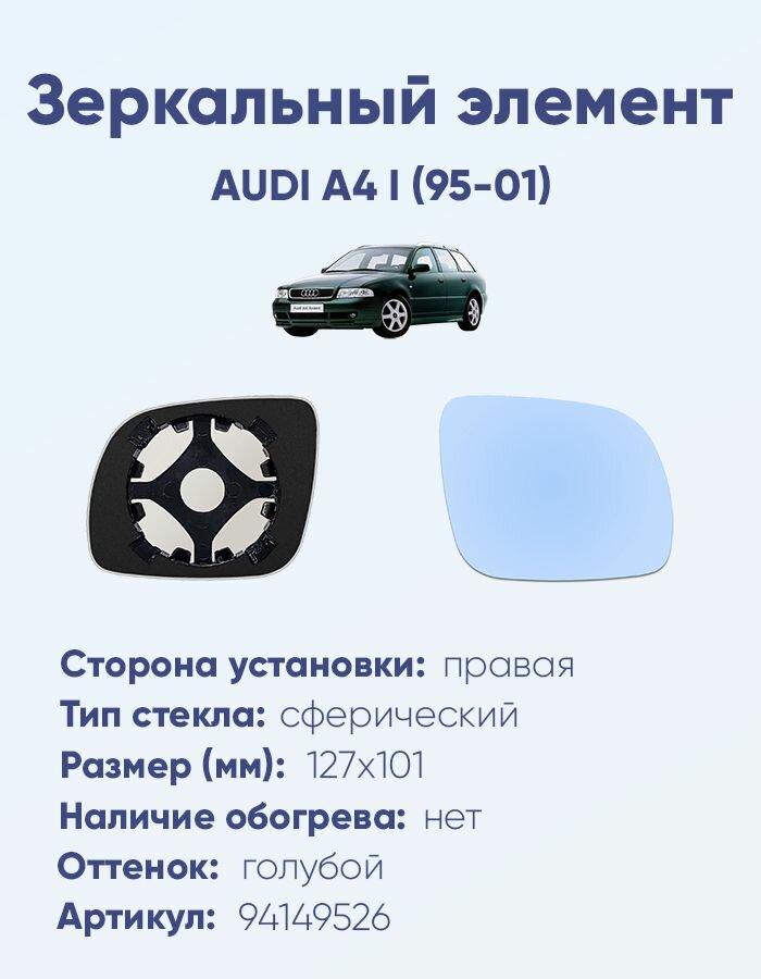 Зеркальный элемент правый AUDI A4 I (95-01) сфера голубой малый без обогрева