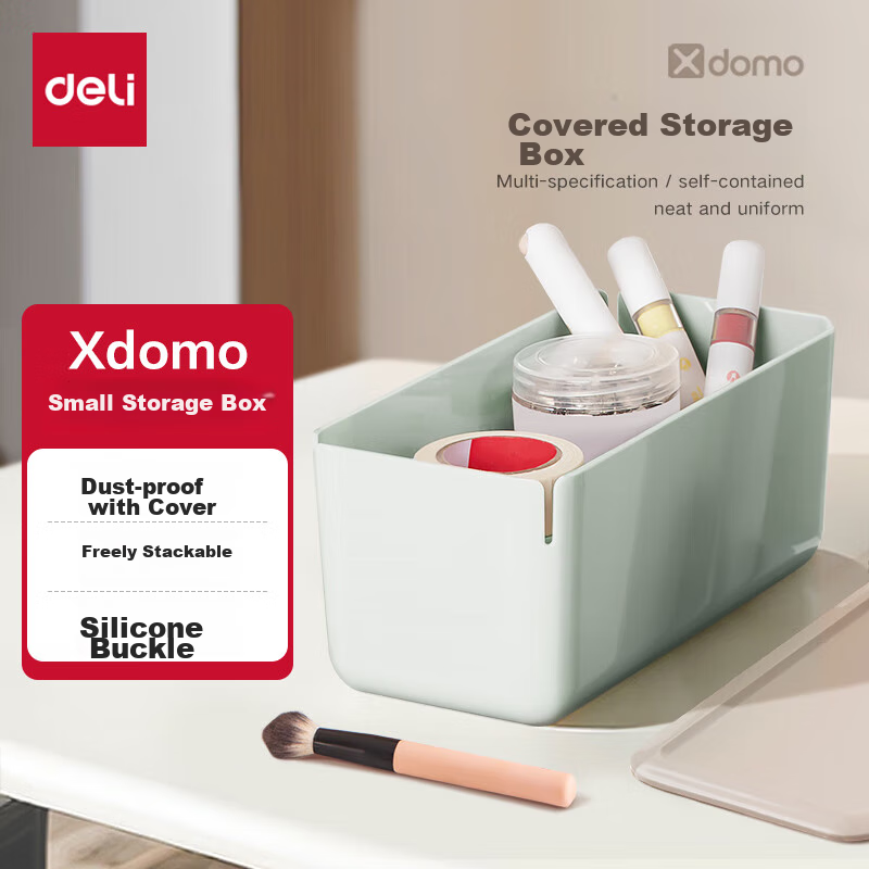Deli Xdomo Series Storage Box with Lid, Office Desk Makeup Organizer with Silicone Clasp, Green Small Size XDM10
