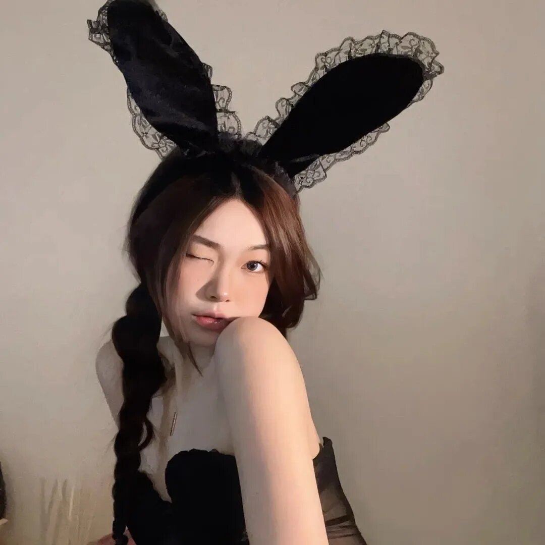 Повязка на голову "Кроличьи ушки", кружевная, черная