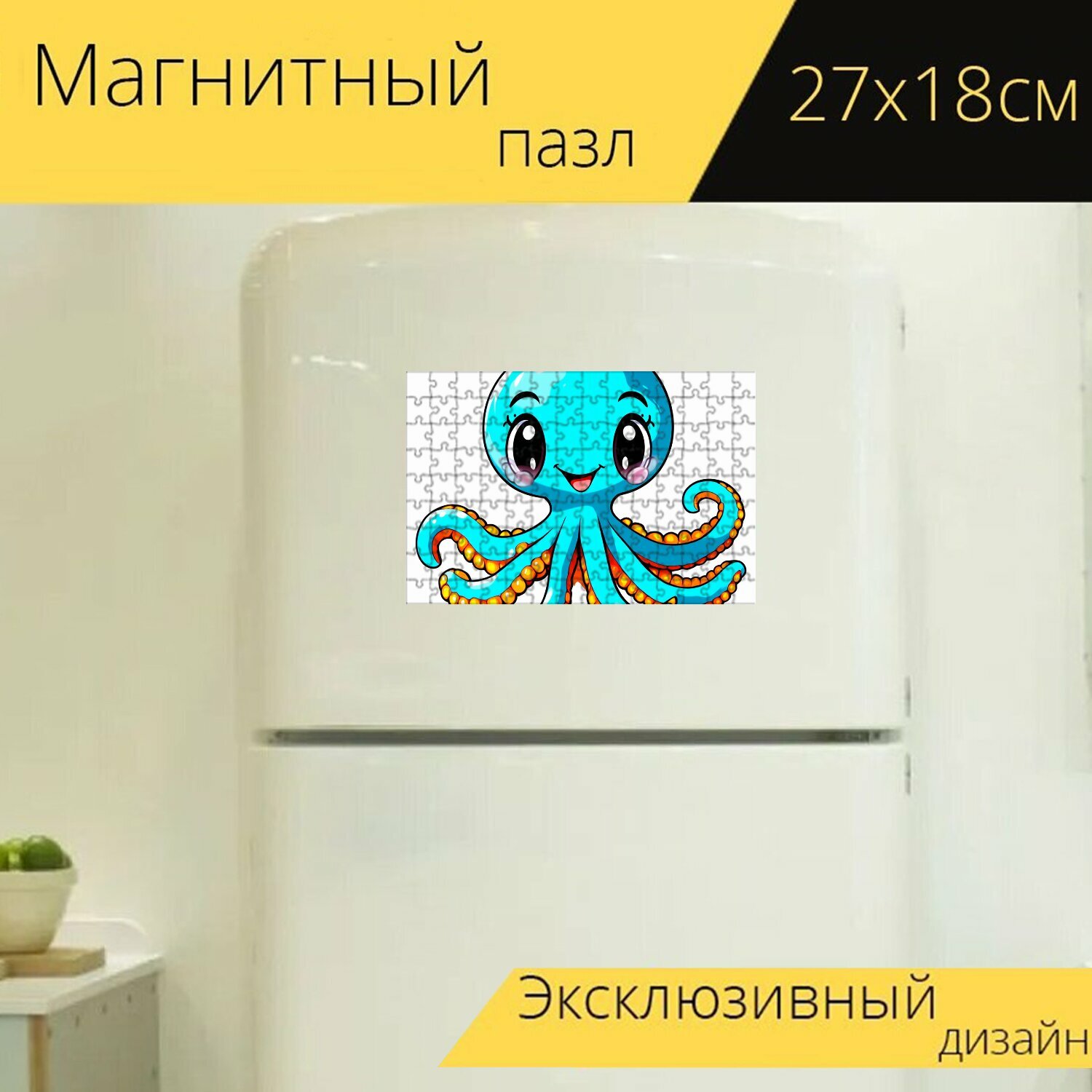 Магнитный пазл "Милый мультяшный осьминог с крупными блестящими глазами и дружелюбной улыбкой, с ярким синим телом, имеющим текстуру, похожую на волны." на холодильник 27 x 18 см.