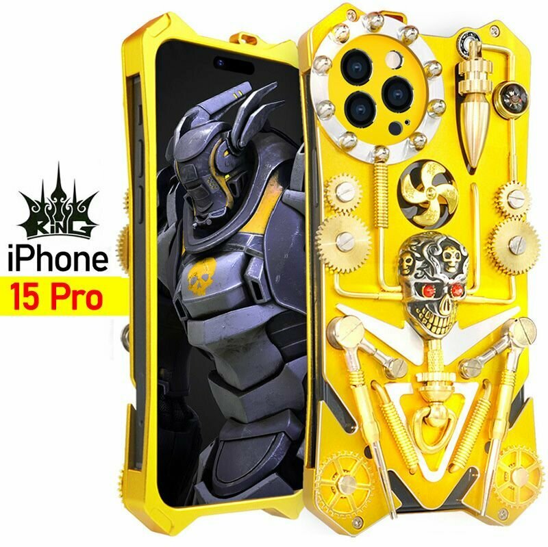 Металлическая оболочка для Apple iPhone 15 Pro (Айфон 15 Про ), Противоударный чехол ZIMON Steampunk Powerful Metal Shockproof Case (Золотой)